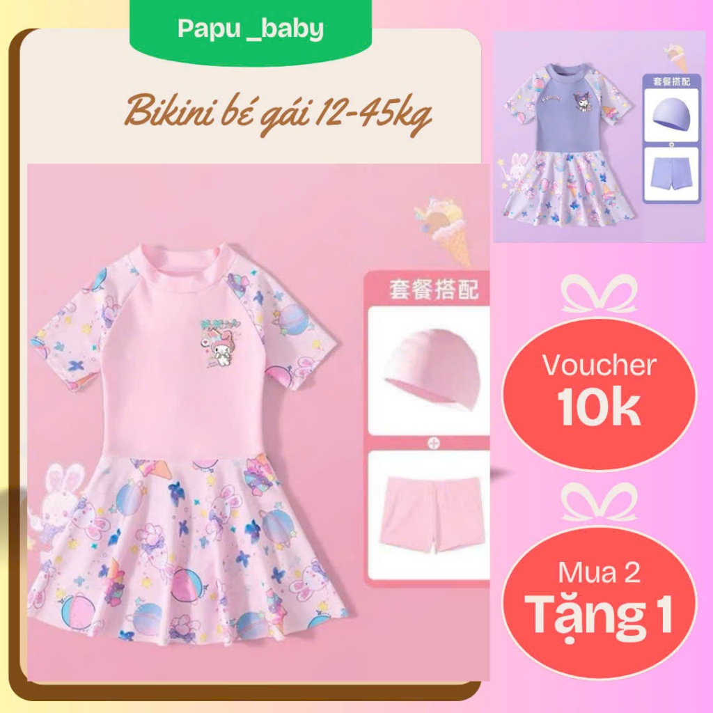 Papu baby girl Bikini, floral swim dress with kuromi print, free hat 12 ...
