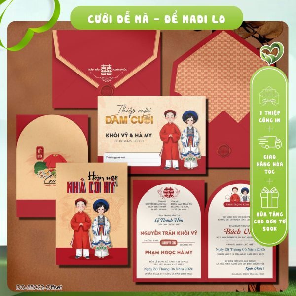 Traditional red wedding invitation, cute bride and groom chipi image ...
