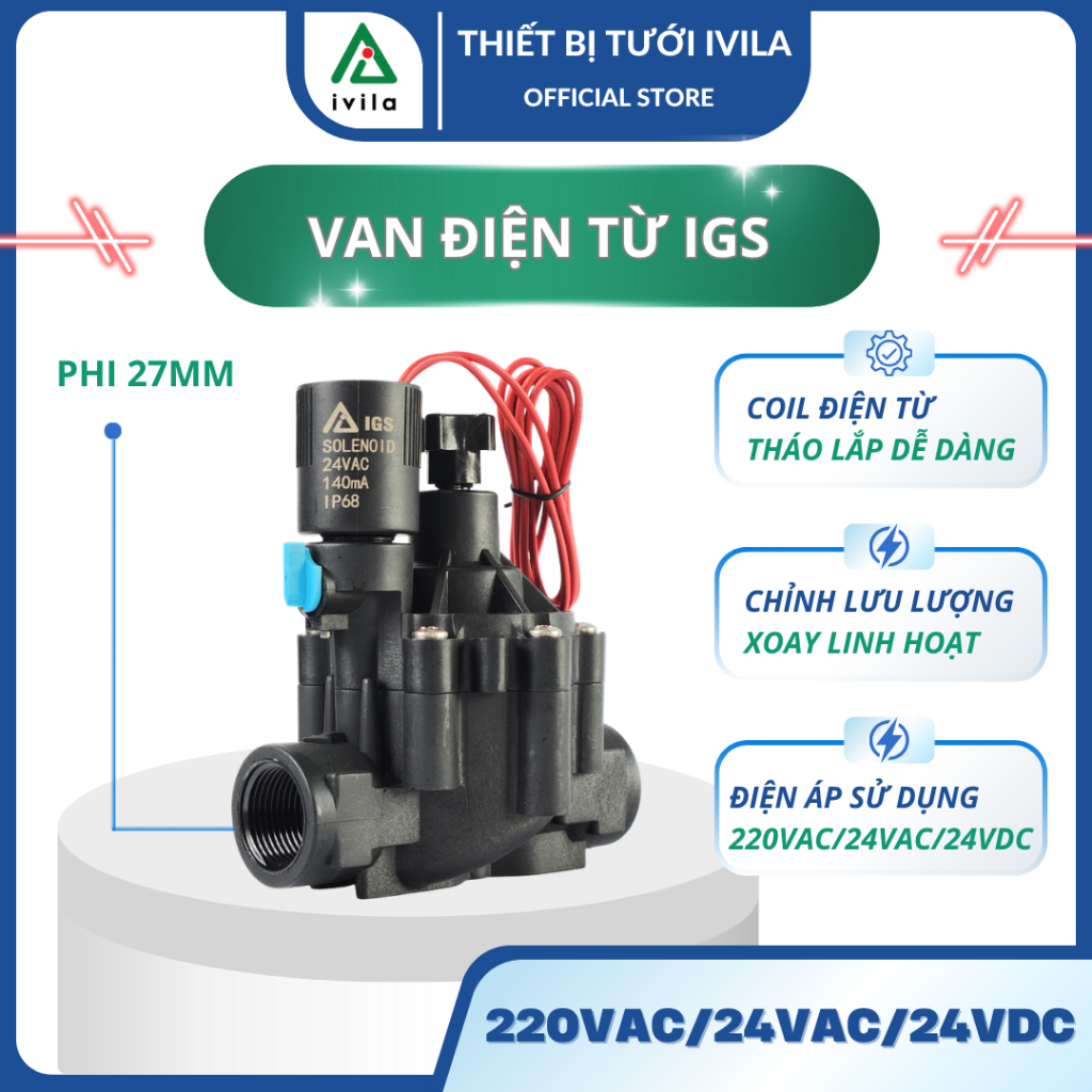 IVILA solenoid valve - IGS 27mm (3/4'') - IGV127H, with flow adjustment ...