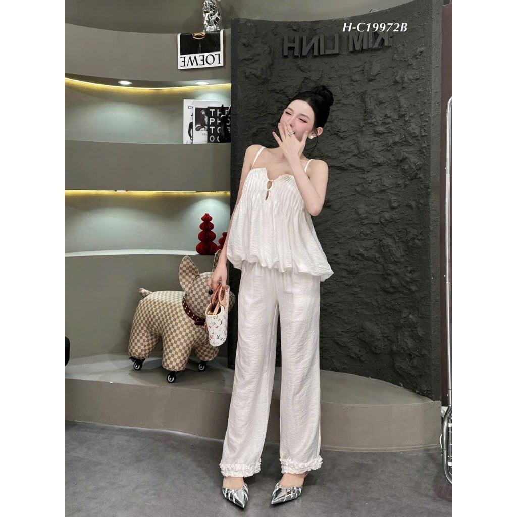 Puffed Chest Pleated Two-String Shirt SET Mixed with Straight Pants ...