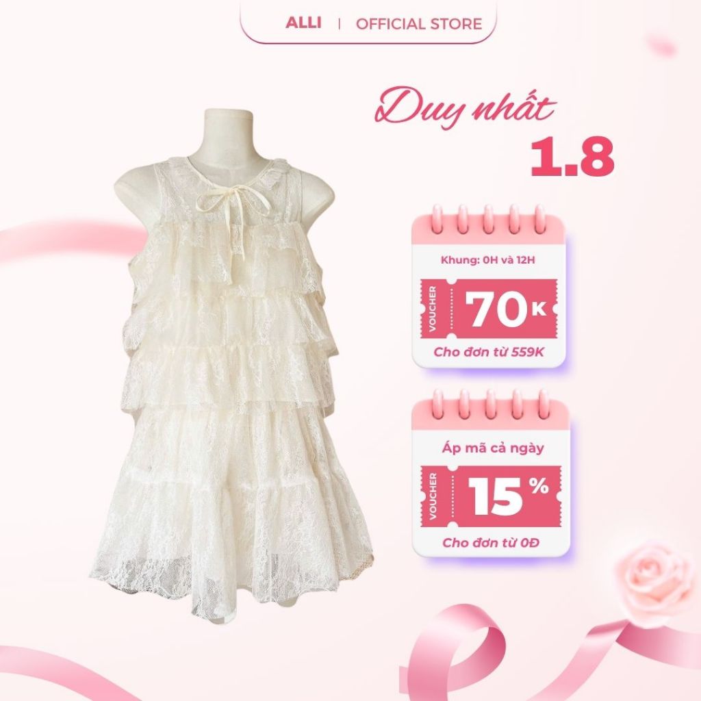 ALLI Mesh Lace Lady's Skirt Set, Round Neck Blouse with 3-Layer Flared ...