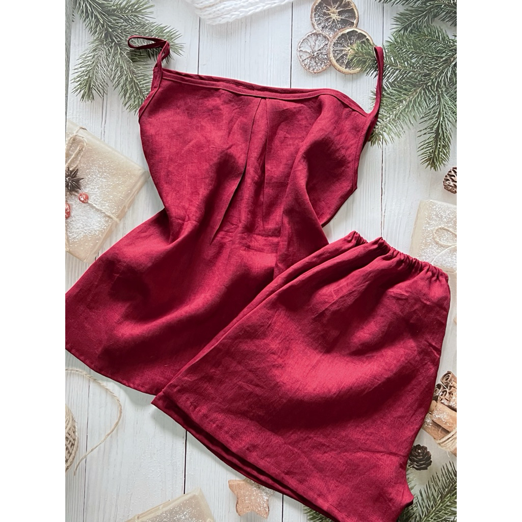 [Linen]SET 2-Piece Home Wear SET Super Cool Plum RED Linen Sleepwear ...