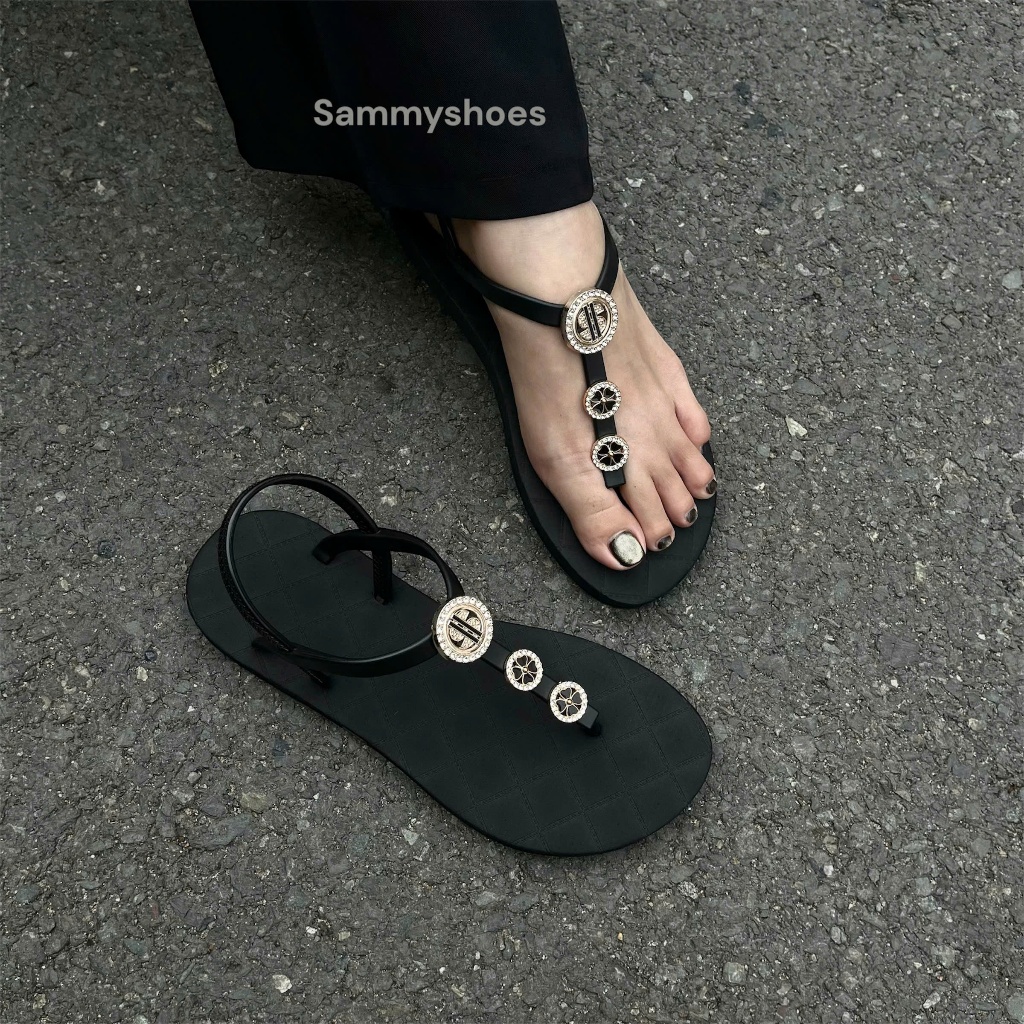 Women's sandals with thin rubber straps with coin charms and four-leaf ...