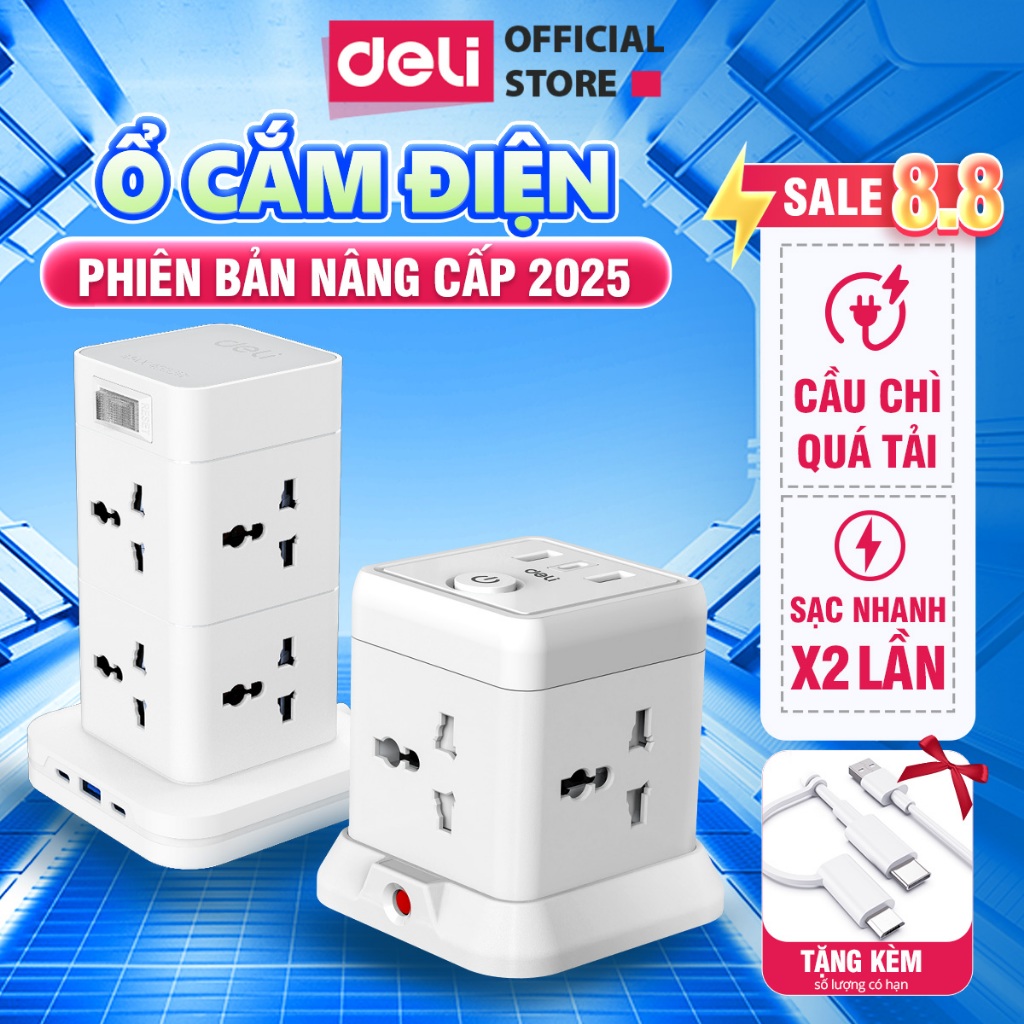 [VOUCHER 20%] DELI Tower Square Power Socket USBTypeC Fast Charging 20W ...