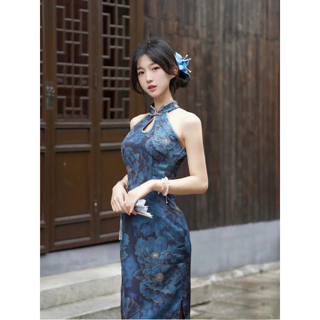 Dark blue off-the-shoulder cheongsam (available) | Shopee Philippines
