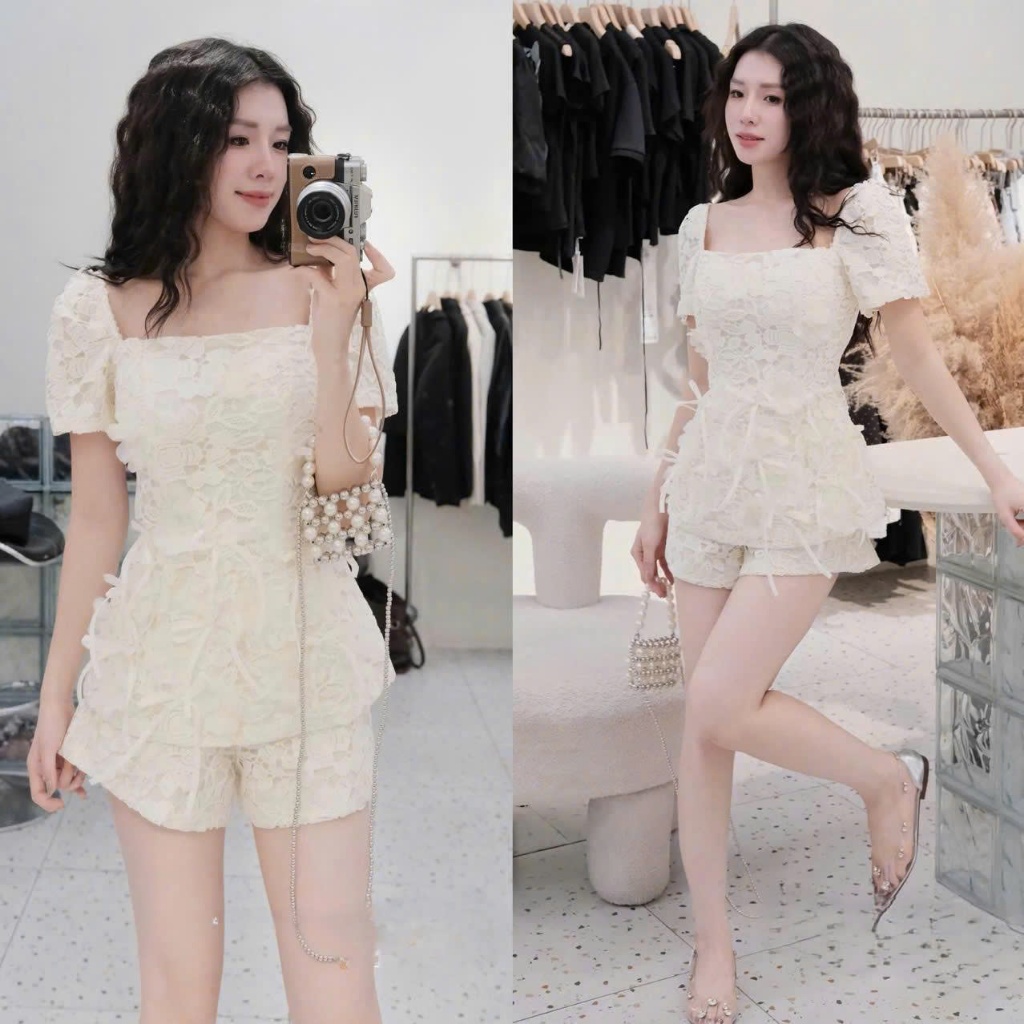 Women's thigh Set, lace shirt with square neck, short sleeves, flower ...