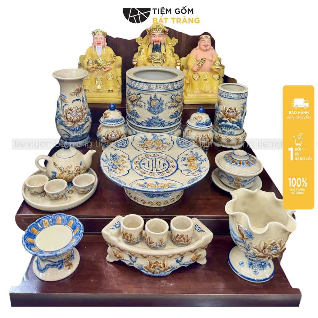 Loess Enamel Worship Set with Lotus / Dragon Pattern Bat Trang Incense ...
