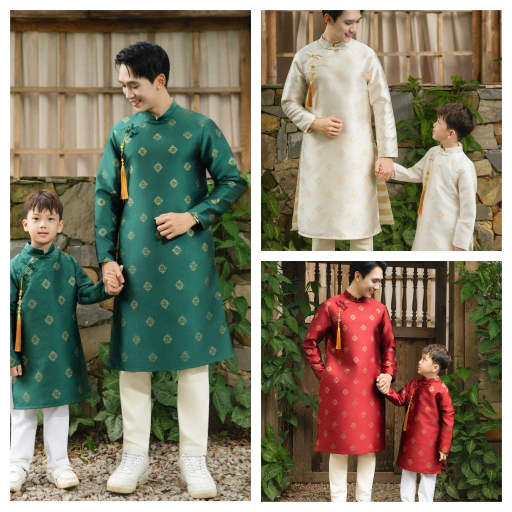 Dad and boy's ao dai made of yellow silk brocade - genuine 2-layer ...