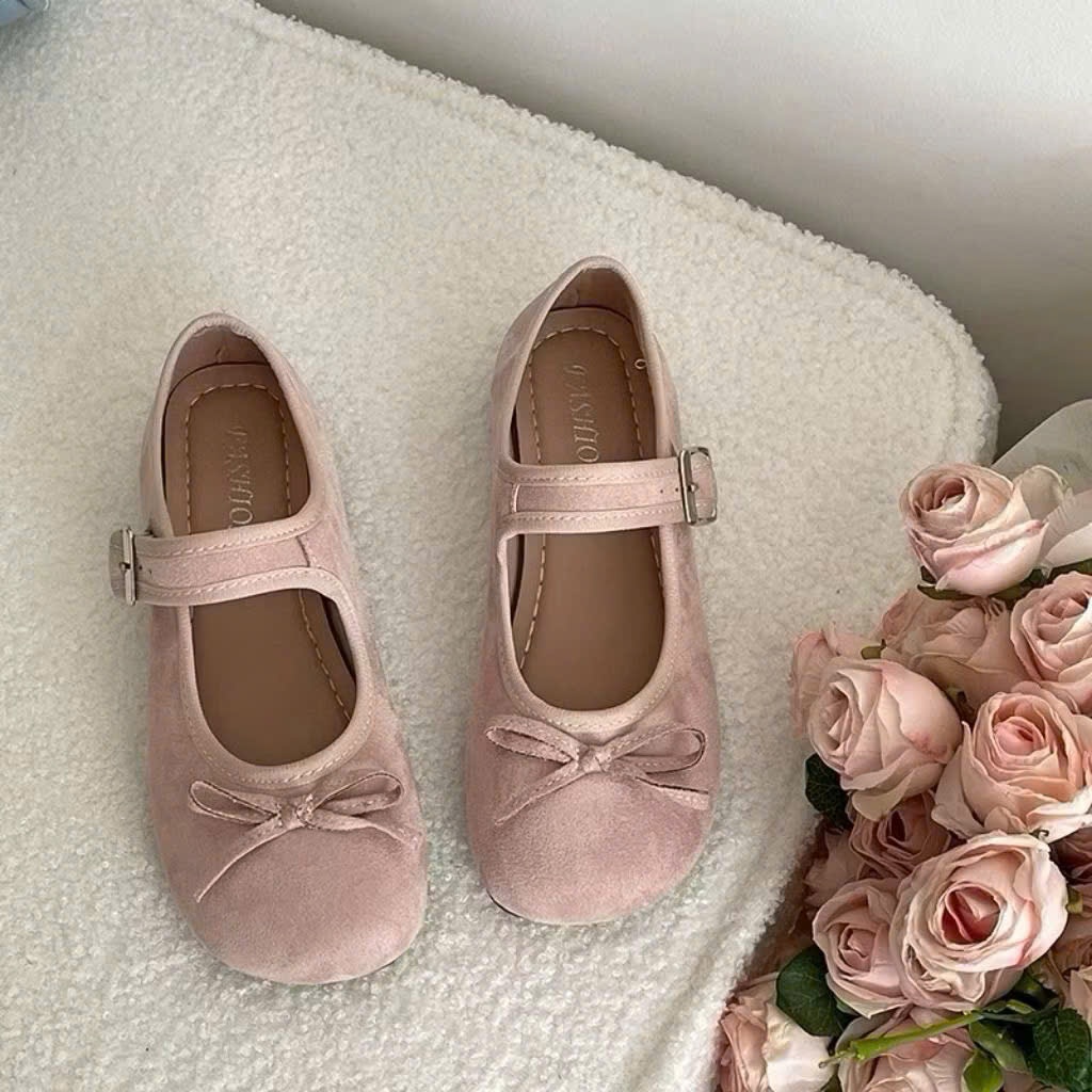 Women's suede doll shoes with cute bow, code 26 | Shopee Philippines