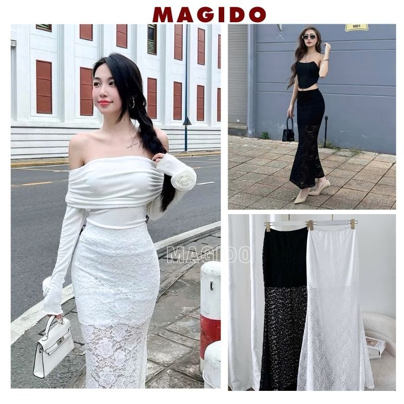 - 2-layer long fishtail skirt made of soft, smooth lace with luxurious ...