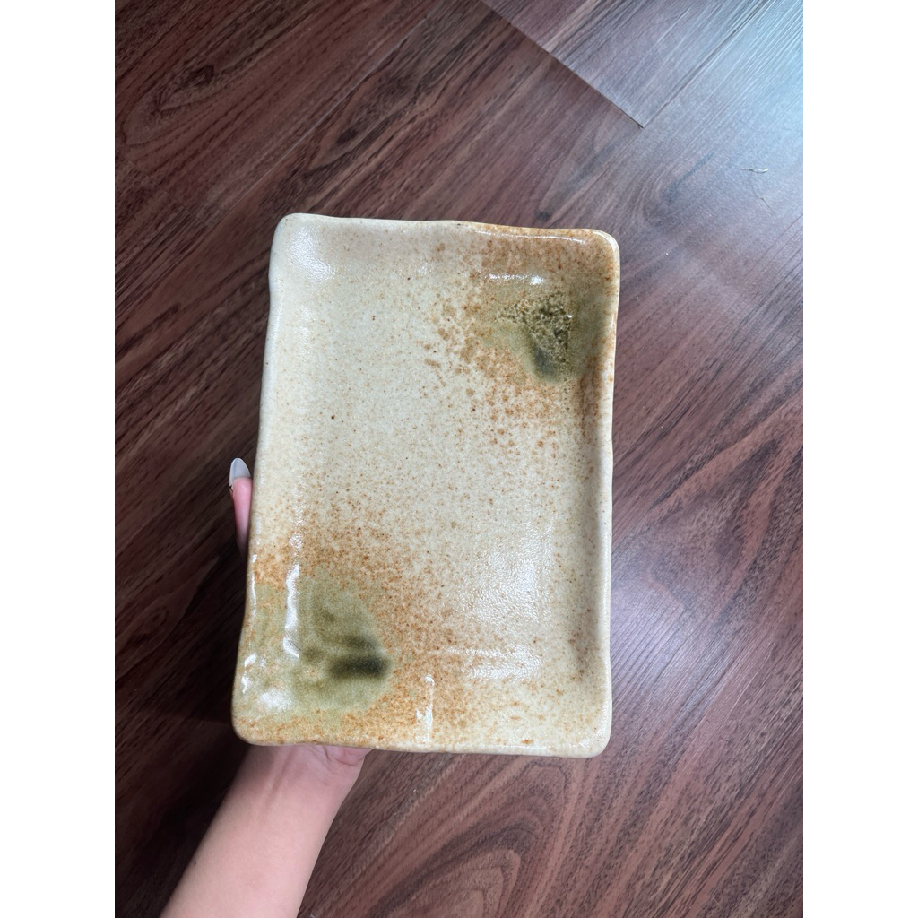 Japanese ceramic - Rice gold rectangular plate mixed with Oribe (V ...