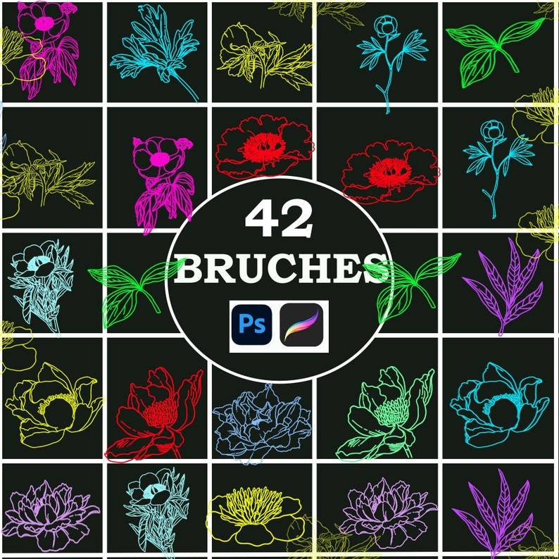 Flower brush set: 42 flower brushes for Photoshop and Procreate ...