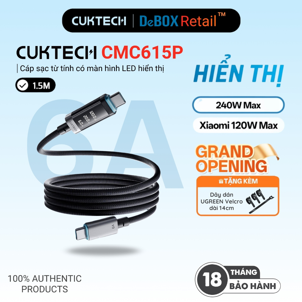 CUKTECH 240W 6A Type-C to C Fast Charging Cable Magnetic Digital ...