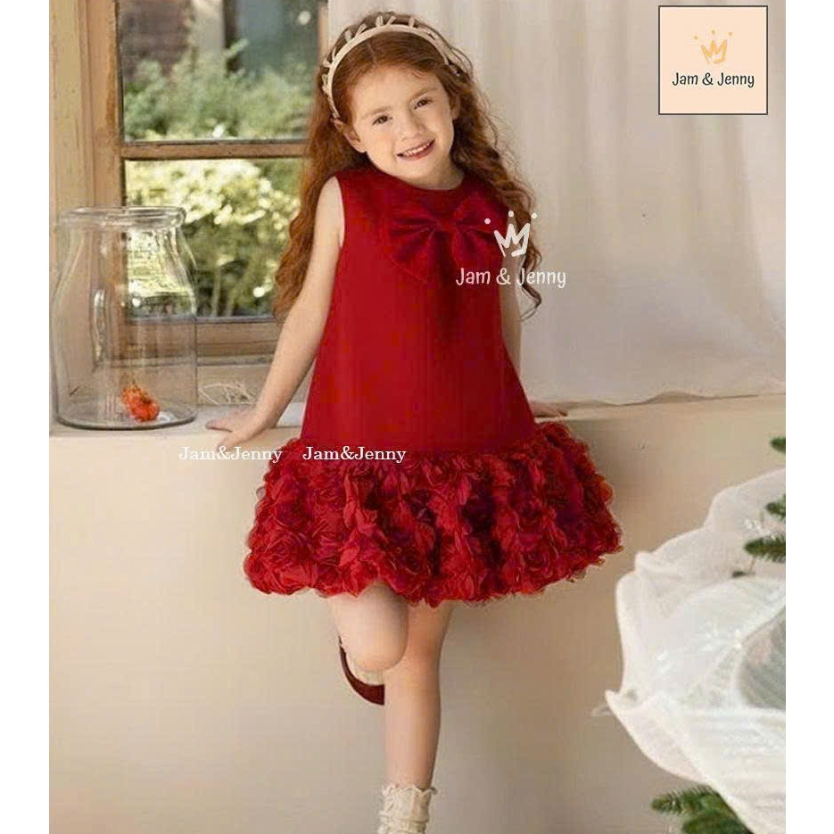(LT) Red velvet dress/dress with bow and roses for girls 9-26kg ...