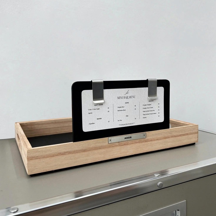 Minibar Tray with Logo Engraved Menu | ADOR, Wooden Amenities Tray ...