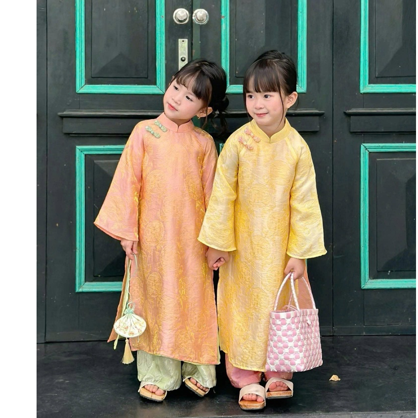 CNY ao dai for girls, 4-panel ao dai set made of high-quality metallic ...