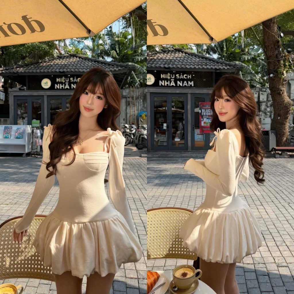 [V1.1203] Rabbit Fur Dress with Square Collar Design and Bow in Puffy ...