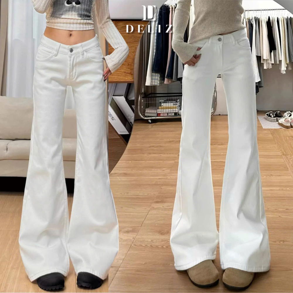 DELIZ - basic white flared high-waisted jeans for women, dynamic street ...
