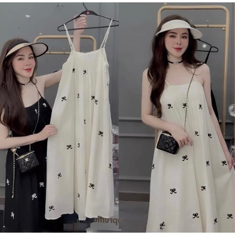 Beach maxi dress, 2-strap down dress with bow pattern, bust strap, long ...