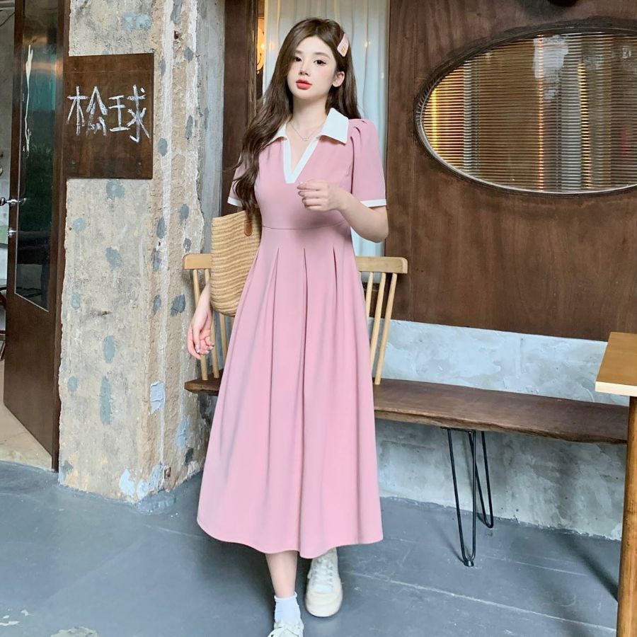 Women's big-size lady's dress with long flared collar and ribbed fabric ...