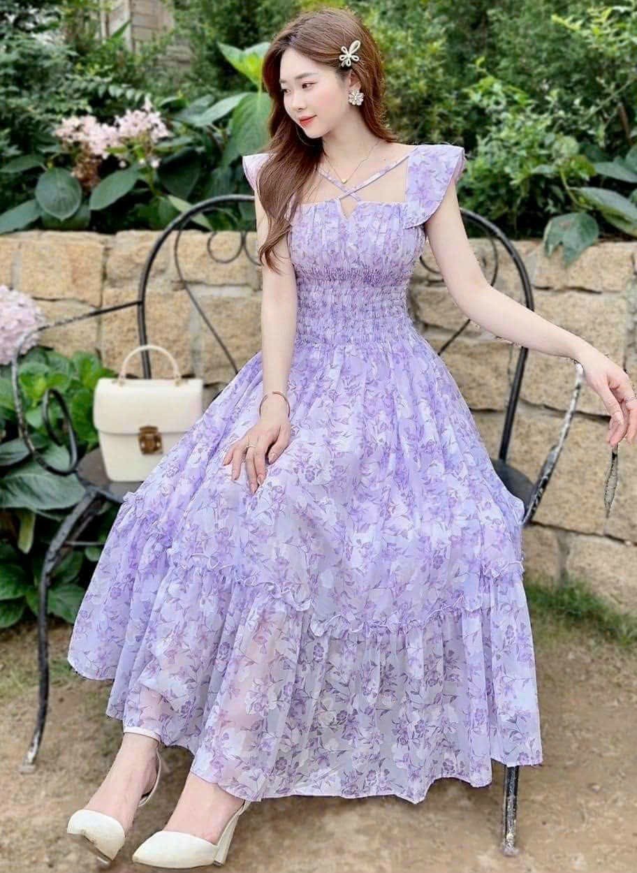 Large 2-strap women's floral dress, extremely flattering floral chiffon dress with elastic waist ...