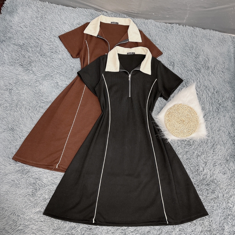 Women's Big Size Polo Dress with Flared Shape and White Collar, Big ...