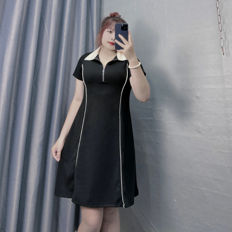 Women's Big Size Polo Dress with Flared Shape and White Collar, Big ...