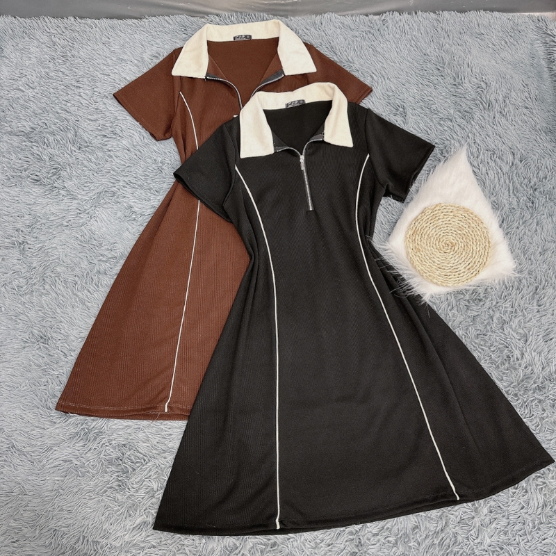 Women's Big Size Polo Dress with Flared Shape and White Collar, Big ...