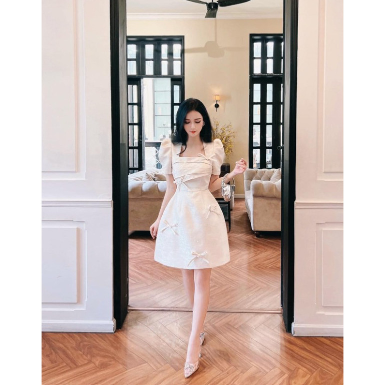 Square neck party dress with puffy chest pleated with luxurious bow for women ST005 | Shopee ...
