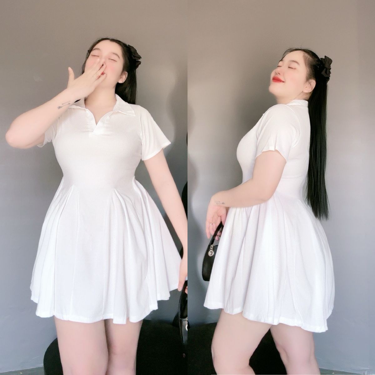 Women's big-size ribbed flared dress with short sleeves and flared ...