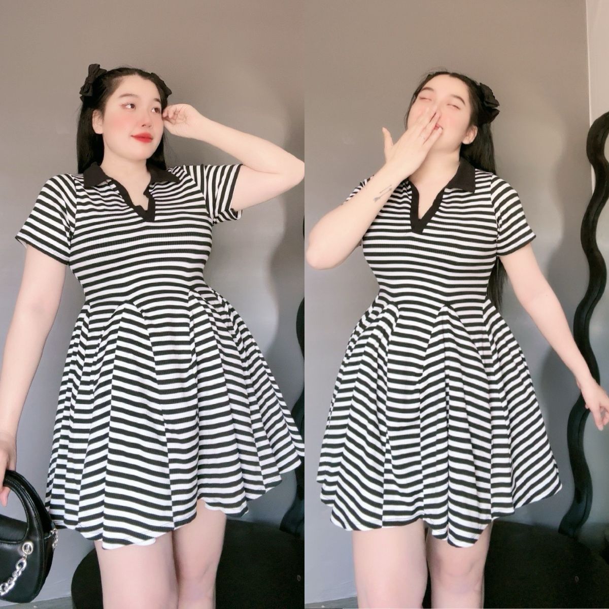 Women's big-size ribbed flared dress with short sleeves and flared ...