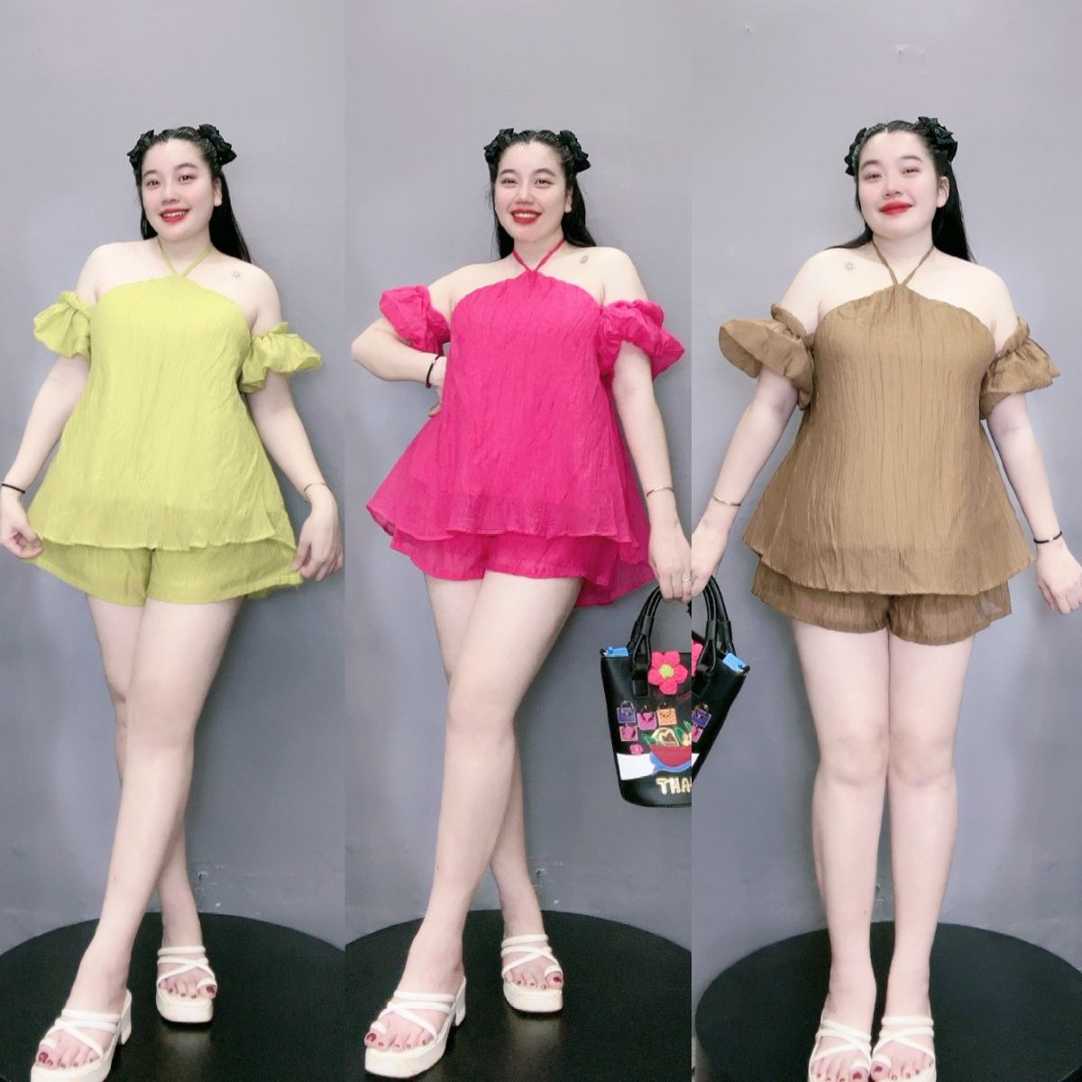 Set of women's bigszie overalls, babydoll-shaped halter top, silk terry ...