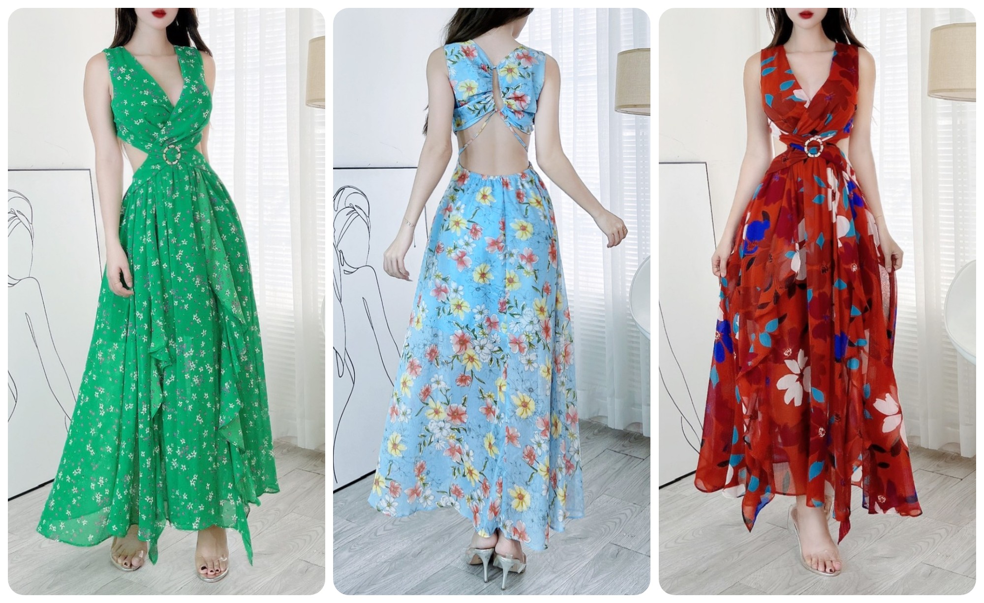 Mimix Women's Floral Maxi Dress with Split Sides in 3 Colors, V Neck ...