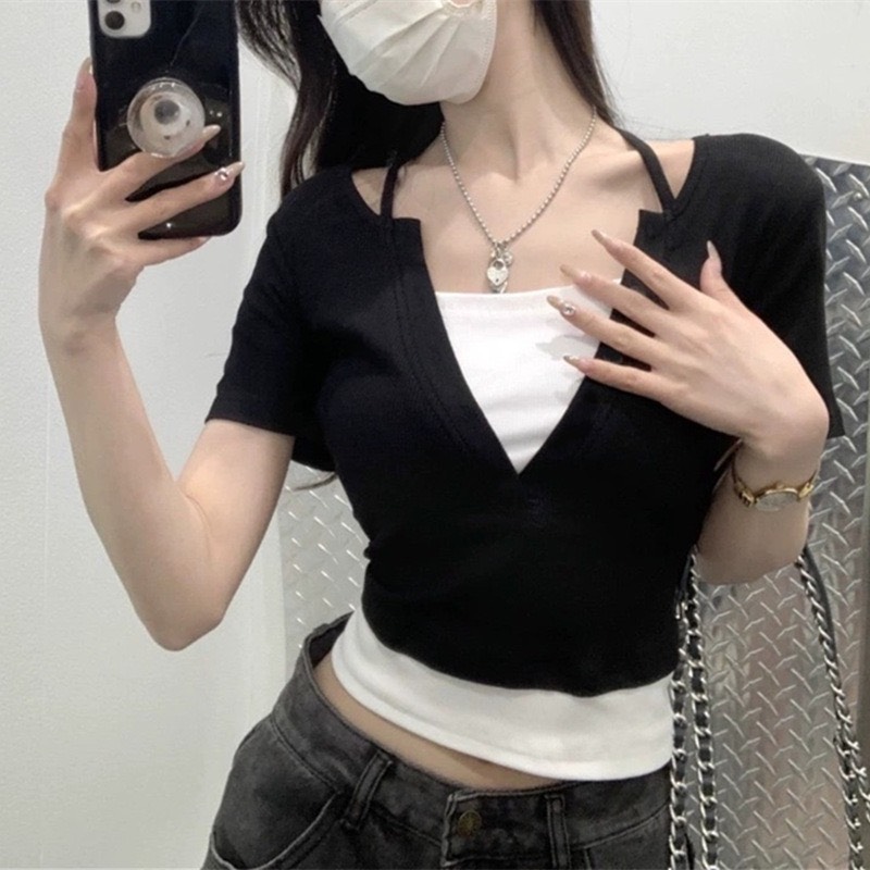 Women's V-neck crop top with short sleeves and laces, luxurious cotton ...
