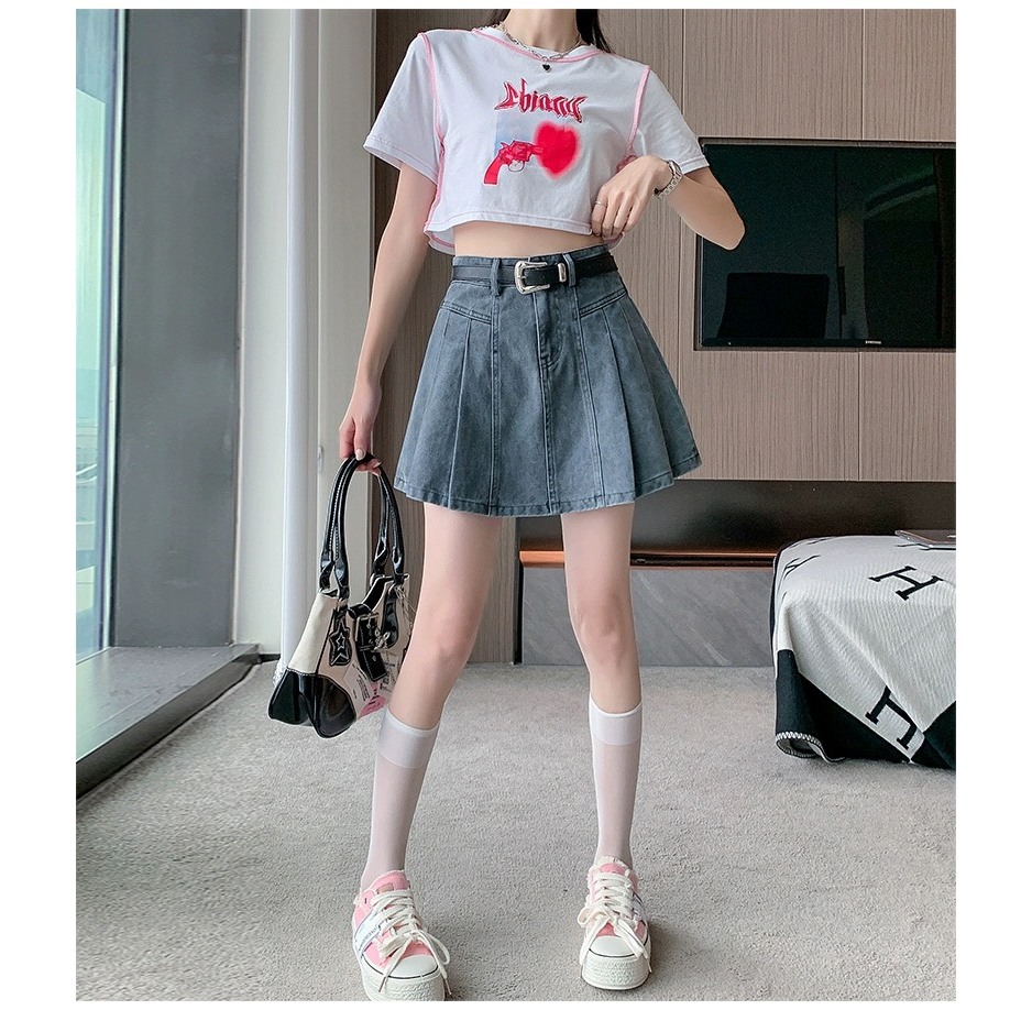 Jean skirt, blue short a-line high-waisted pleated denim skirt with ...