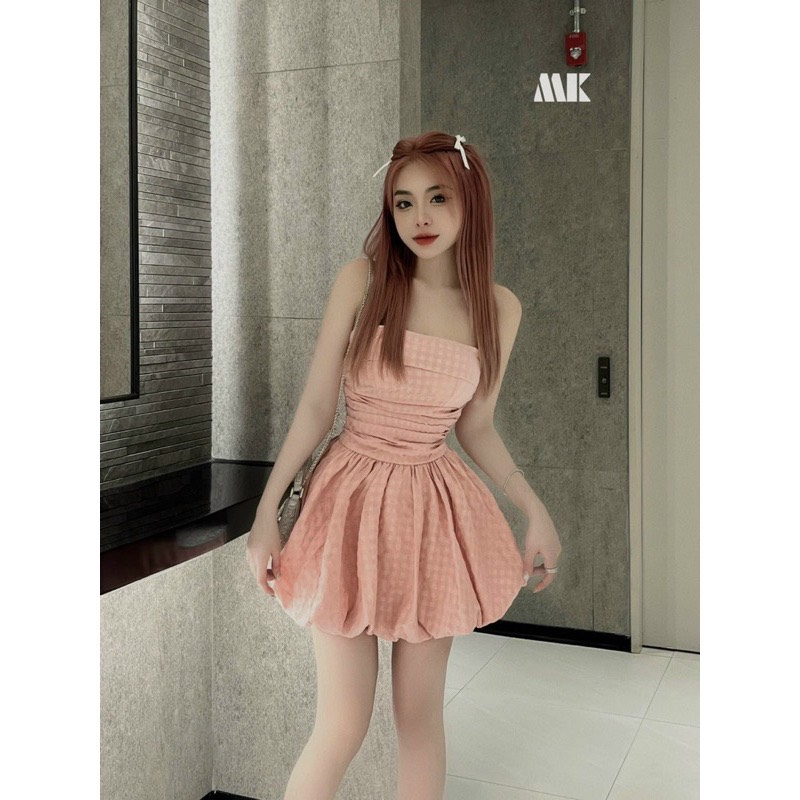 Checkered strapless dress with flared waist and puffy skirt set with pants B118 PANOSI | Shopee ...