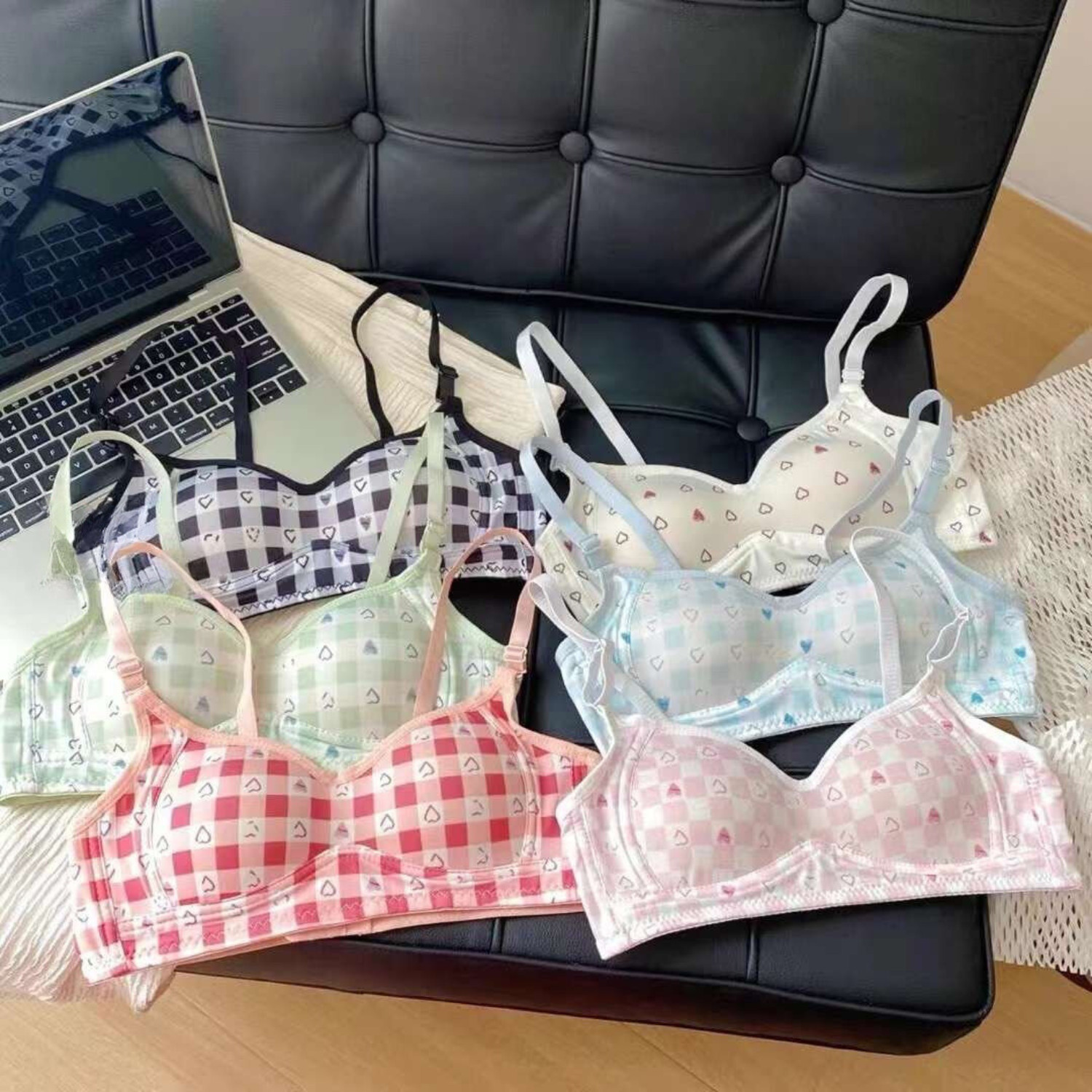 Women's Bra Cotton Checkered Heart Super Pretty Thin Foam Light Lift No ...