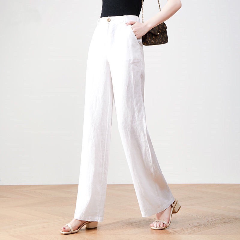 Linen wide-leg pants with front zip and elastic waist in ...