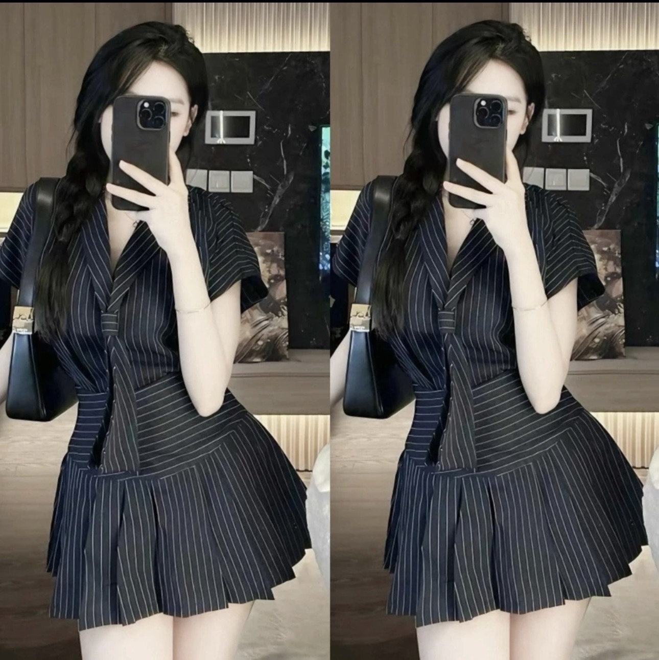 Set Of Striped Khaki Women'S Shirt With Bow Pleated Skirt With Medical ...