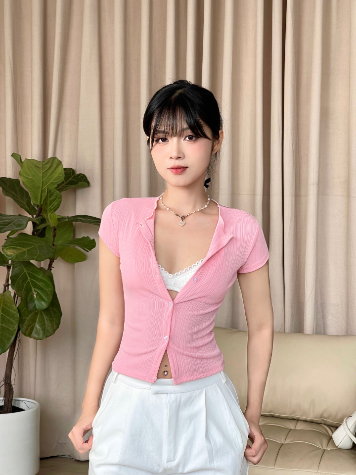 Nora Top ACT02 women's short-sleeved T-shirt with round neck, buttons, body-hugging fit - Uni By ...