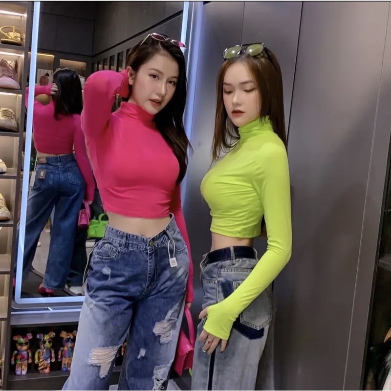 Vanisa CT083 black, white and blue long-sleeved turtleneck crop top | Shopee Philippines