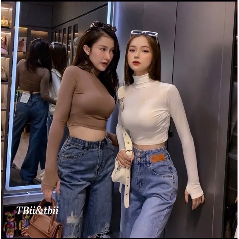 Vanisa CT083 black, white and blue long-sleeved turtleneck crop top | Shopee Philippines