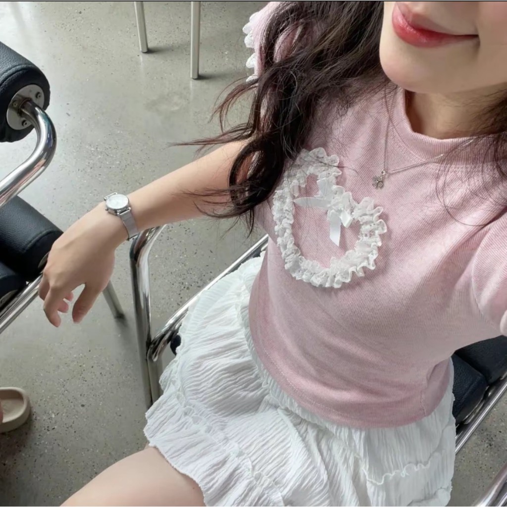 Women's Slim Fit Lace Heart-shaped T-shirt Cute Coquette in many colors ...