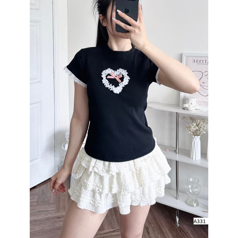 Women's Slim Fit Lace Heart-shaped T-shirt Cute Coquette in many colors ...