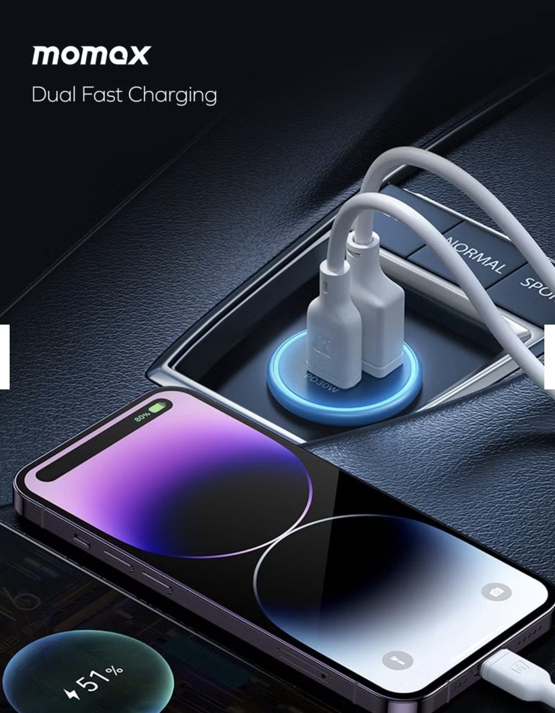 Momax MoVe 30W UC18 2-Port Fast Car Phone Charger, Supports QC 3.0 Dual ...