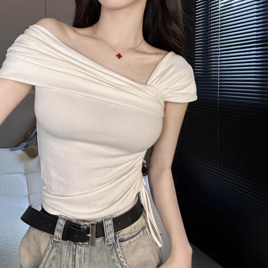 Women's off-the-shoulder t-shirt with drawstring waist, ladylike shape ...