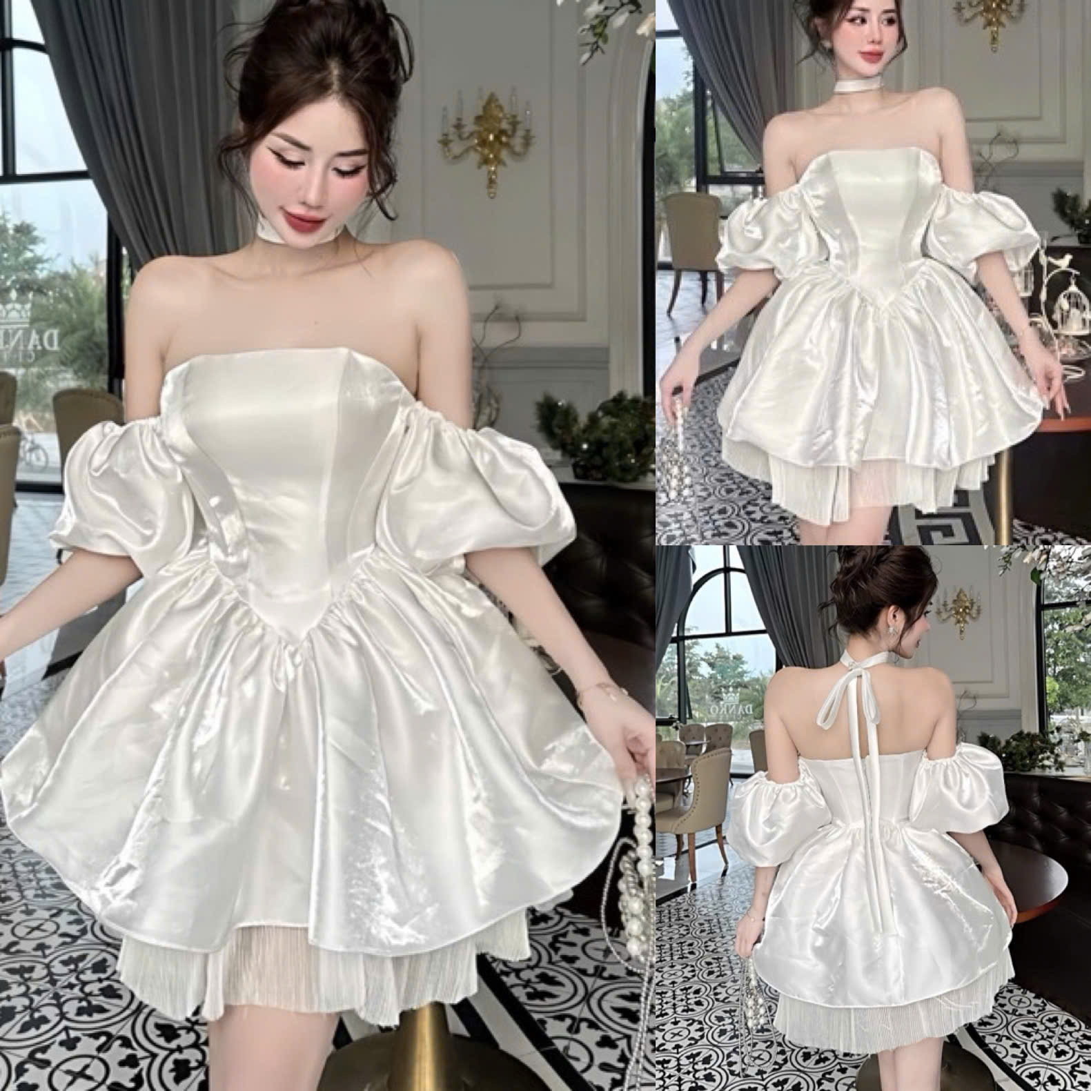 Tafta puff-sleeved princess dress with bustier cups, off-the-shoulder ...