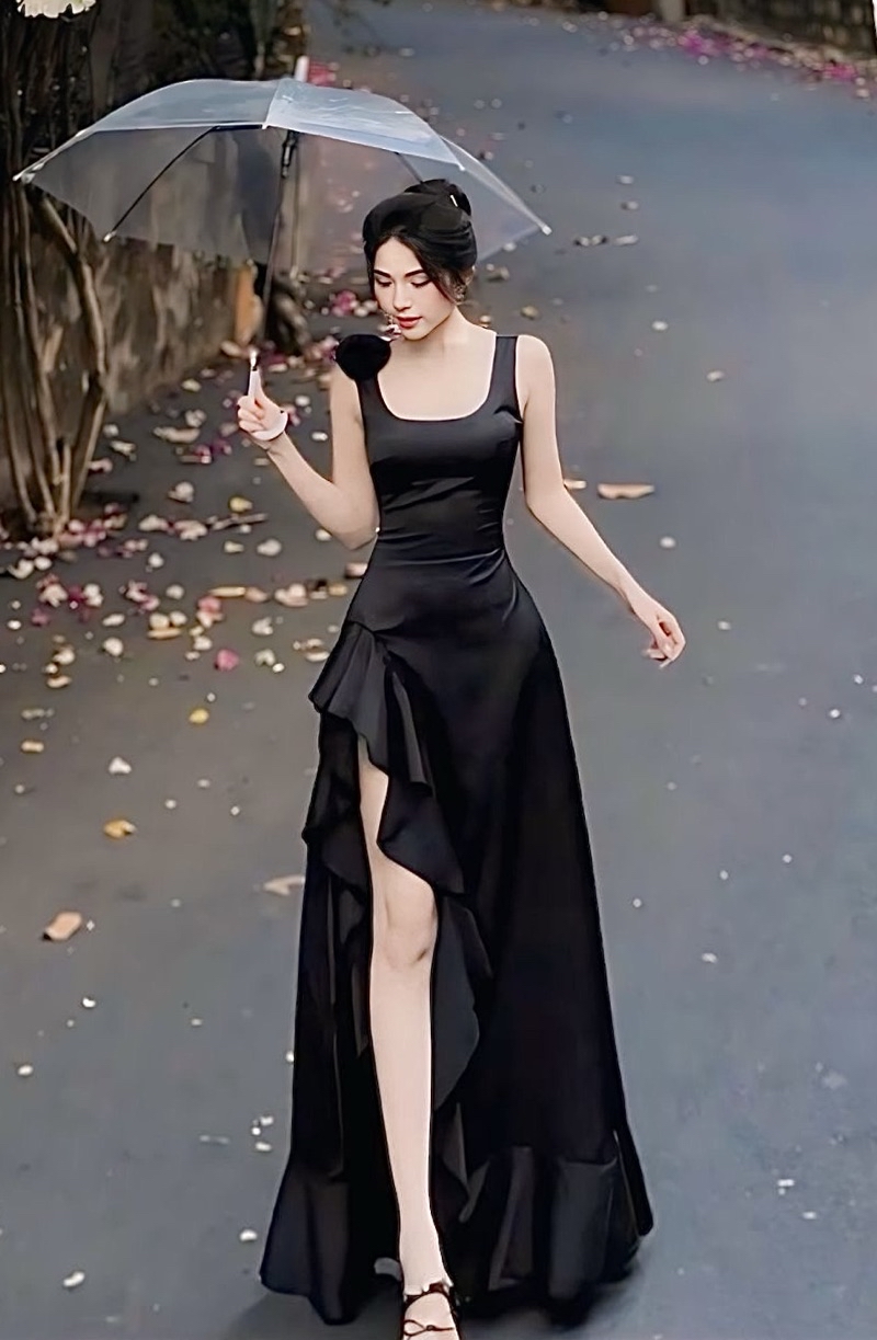 Silk Party Dress with Slit and Ruffles (with Flower Tag) Fashionable ...