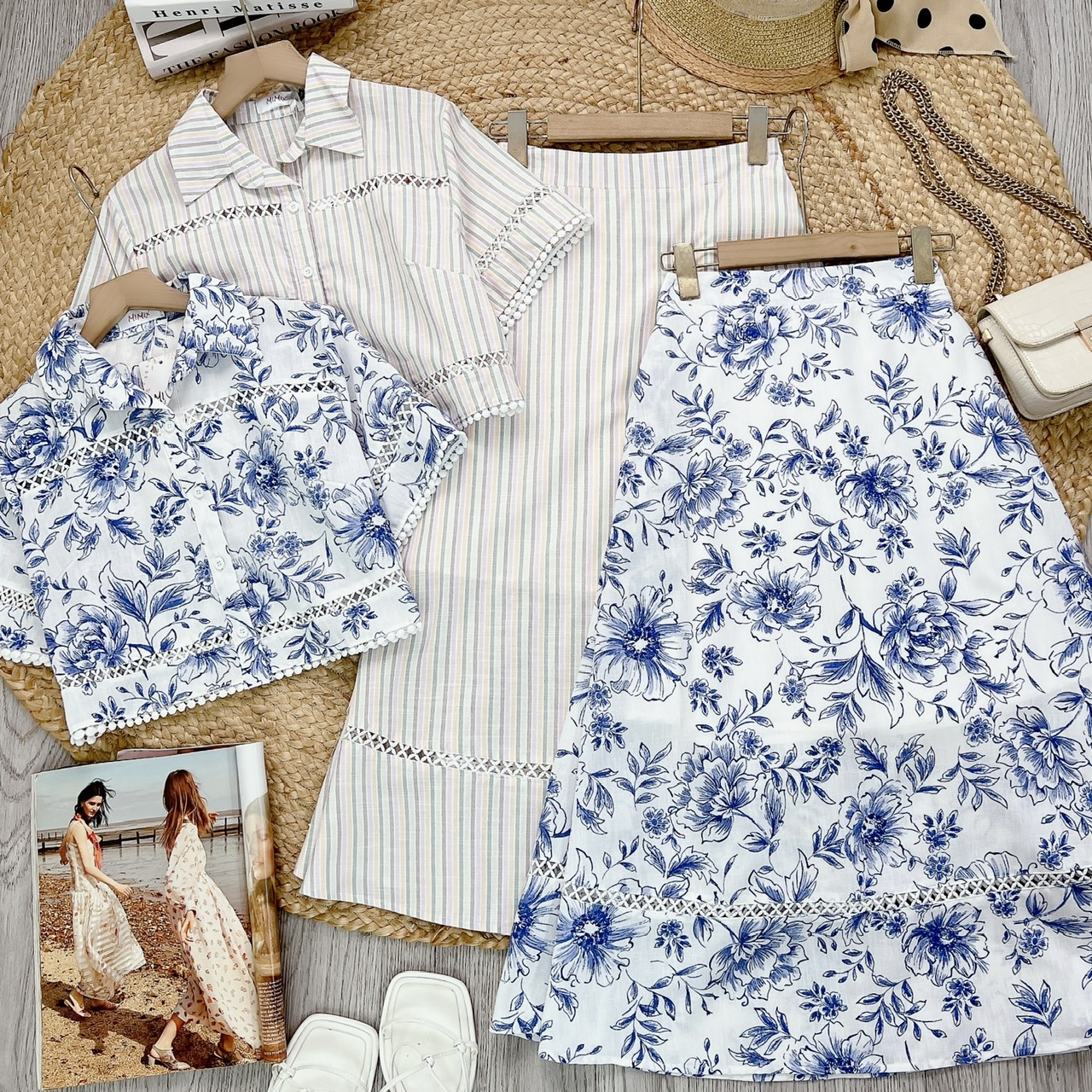 Mimix Skirt Set Shirt Collar Mixed with Long Flared Lace Skirt in 2 ...