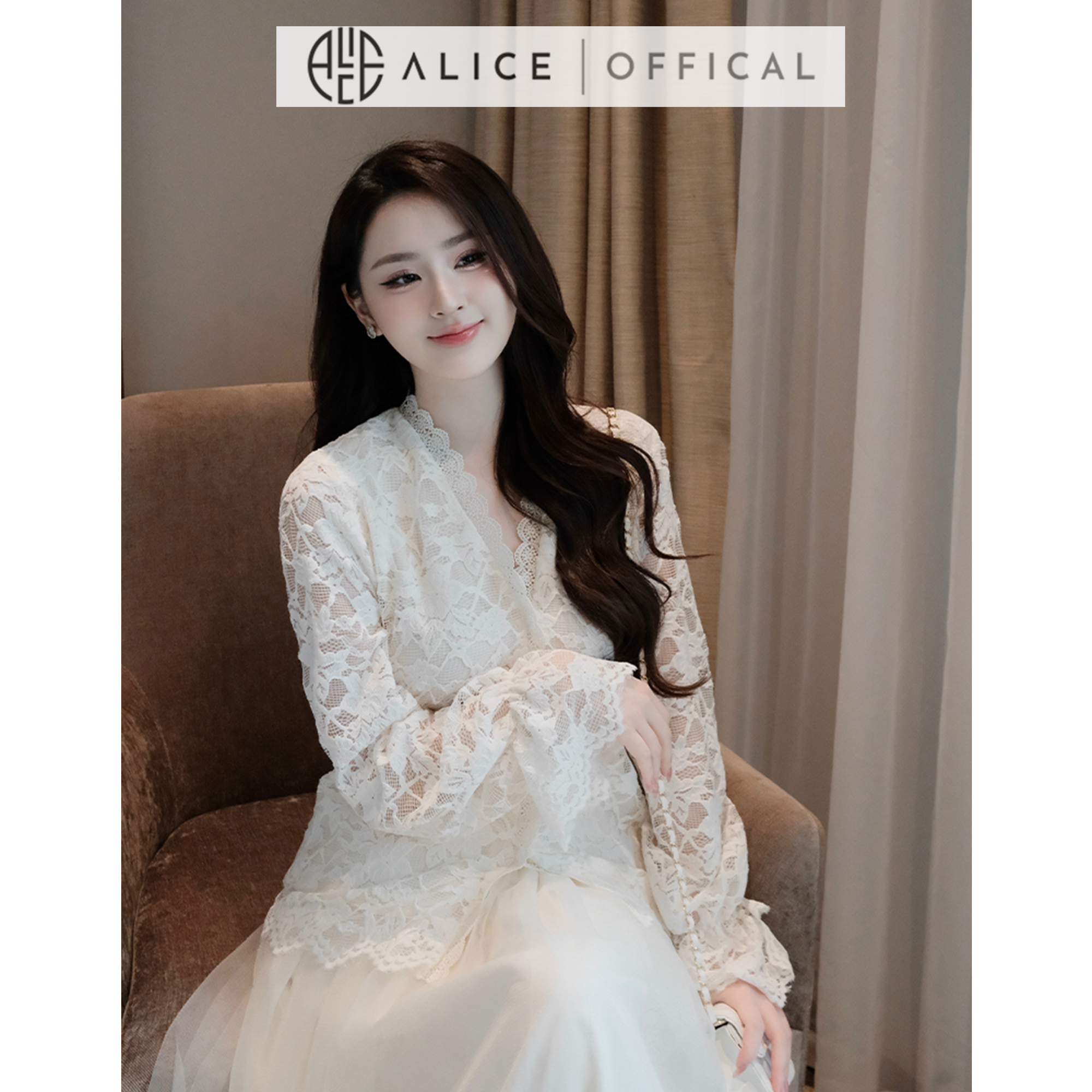 Alice Soft Lace Women's Skirt Set, V-Neck Long Sleeve Shirt with Flared ...